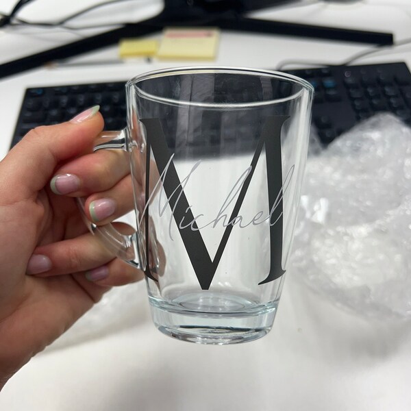 Personalised Glass Tea Mug — Classic Serif Initial or Age With Script ...