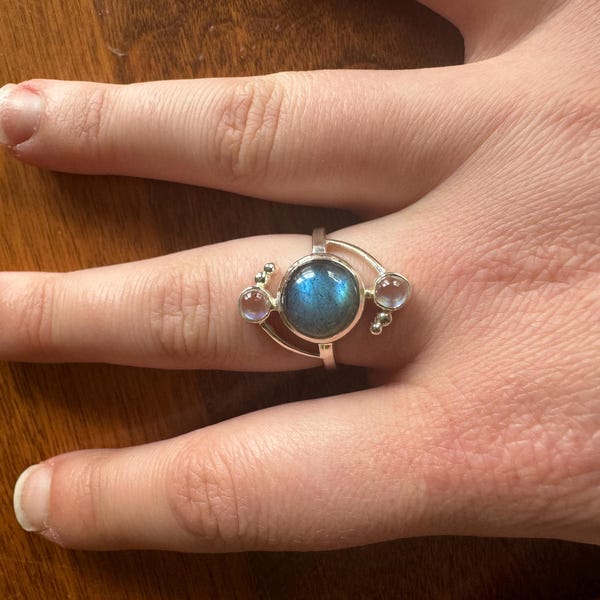 Natural Moonstone and Labradorite Ring , Blue Flashy Two Gemstone Ring ...