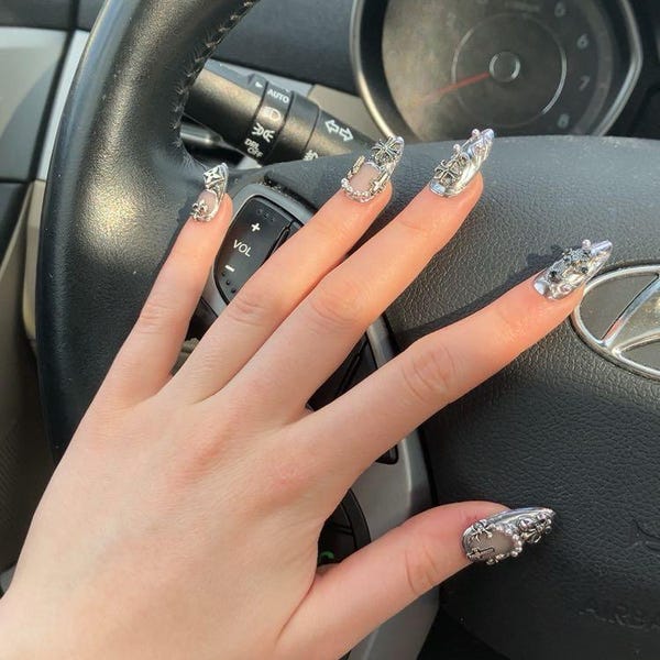 Silver Chrome Cross Heart Press on Nails, Punk Goth Y2K Emo Fake Nails ...