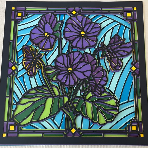 3D SVG Stained Glass Violet Flowers Shadow Box, 3D Flowers Svg, 3D ...