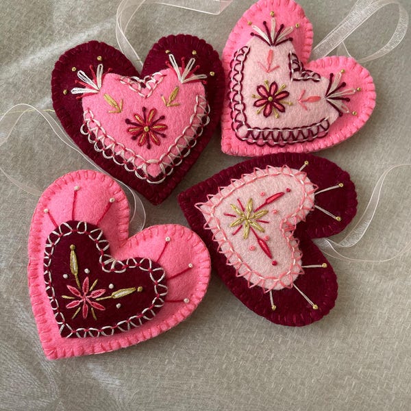 Folk Felt Hearts Embroidery Pattern, Four DIY Hanging Ornaments (PDF ...