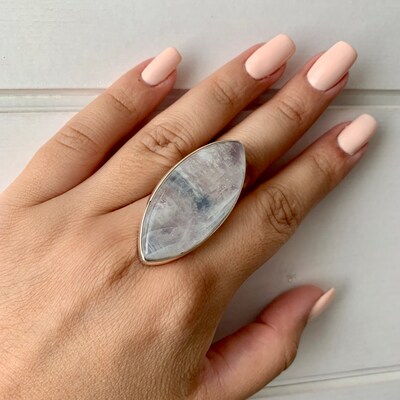Long Moonstone Ring, 92.5% Silver Ring, Big Marquise Shape Ring ...