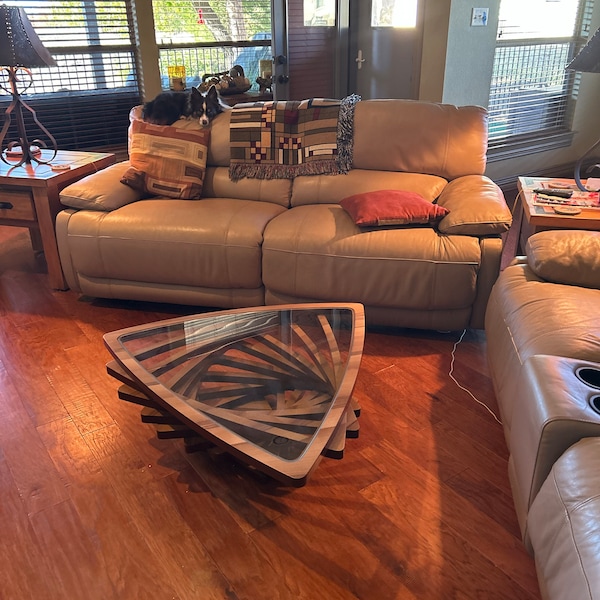 Natural Walnut Coffee Table: Modern Triangular Wood Table With Glass ...