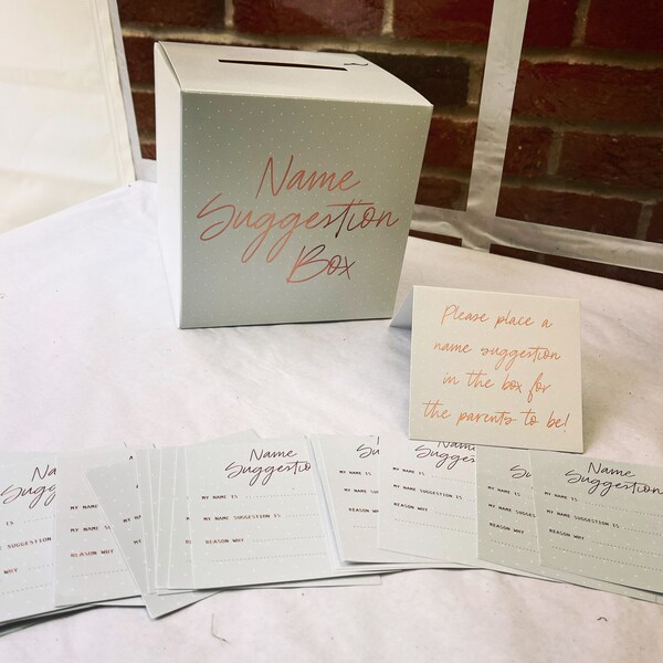 Baby Shower Name Suggestion Box & 30 Prediction Cards, Rose Gold Baby ...