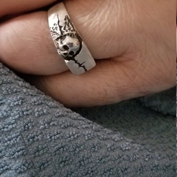 Rock Ring With Skull in Solid Sterling Silver and Oxidised Textures - Etsy