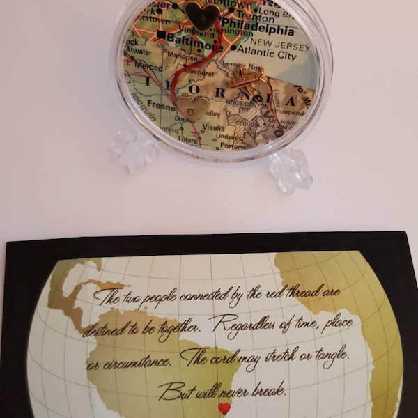 Custom Map Pocket Hug: Long Distance Gift, Brass Heart & Red String - Etsy