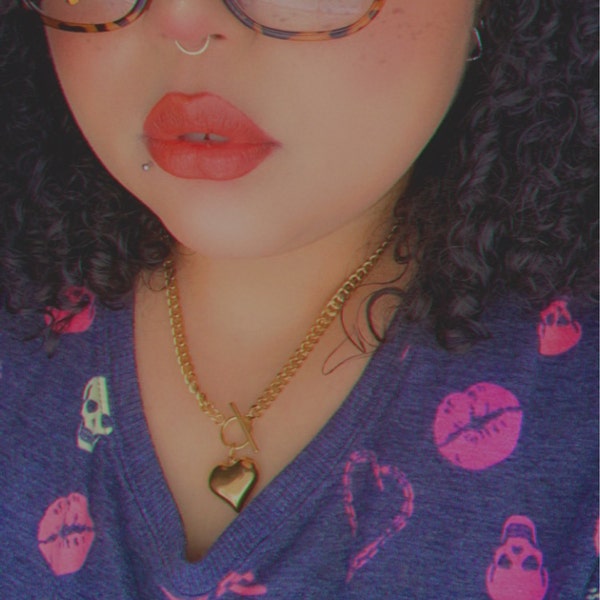 Gold Puffed Heart Pendant Toggle Necklace Chunky Jewelry Statement 3D ...