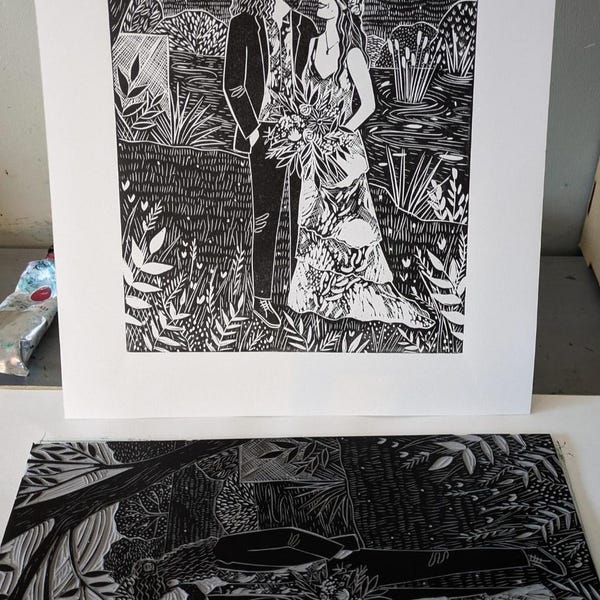Linocut Custom Wedding Portrait Lino Custom Couple Portrait First ...