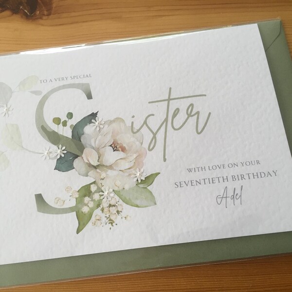 Personalised Handmade Sister Birthday Card: Green Floral Design - Etsy UK