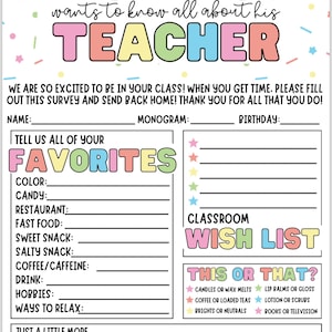 Customizable Teacher Favorites Form Personalized With Your Child's Name ...