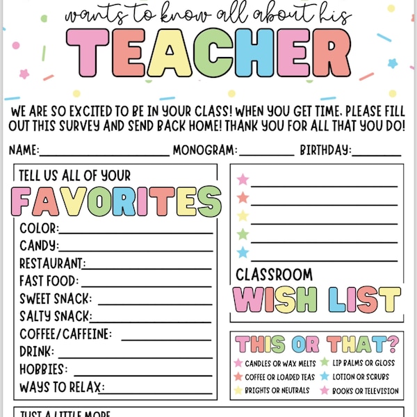 Customizable Teacher Favorites Form Personalized With Your Child's Name ...