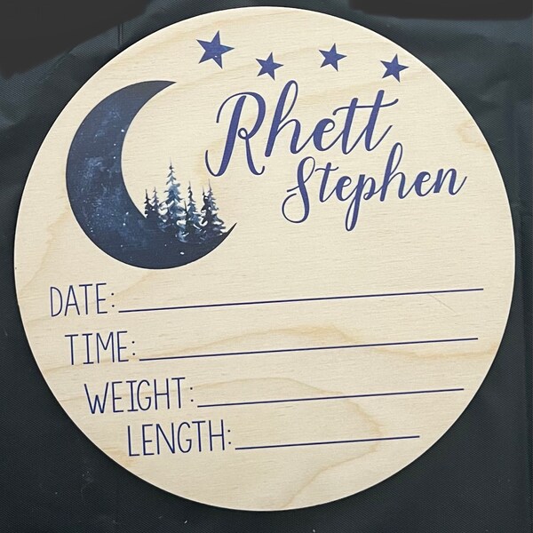 Birth Stat Sign, Round Wood Birth Stat Sign, Moon and Stars Nursery ...