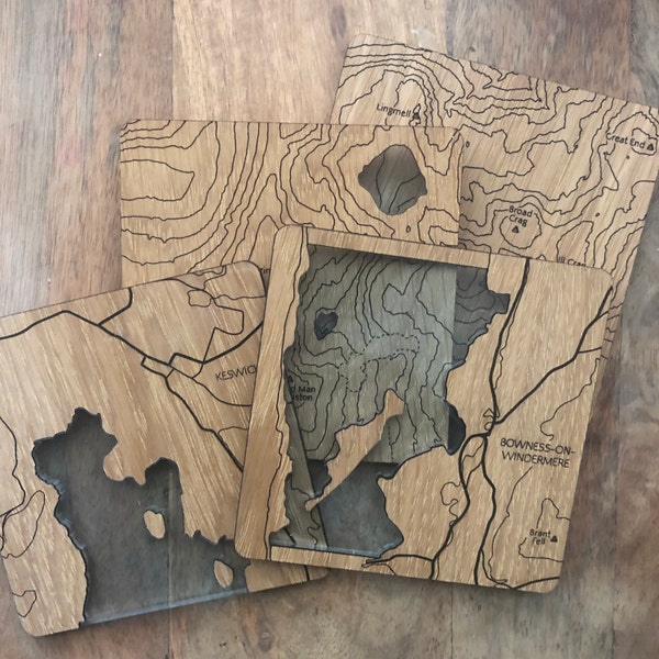 Lake District Coasters: Laser Etched Maps on Oak, a Gift for Walkers ...