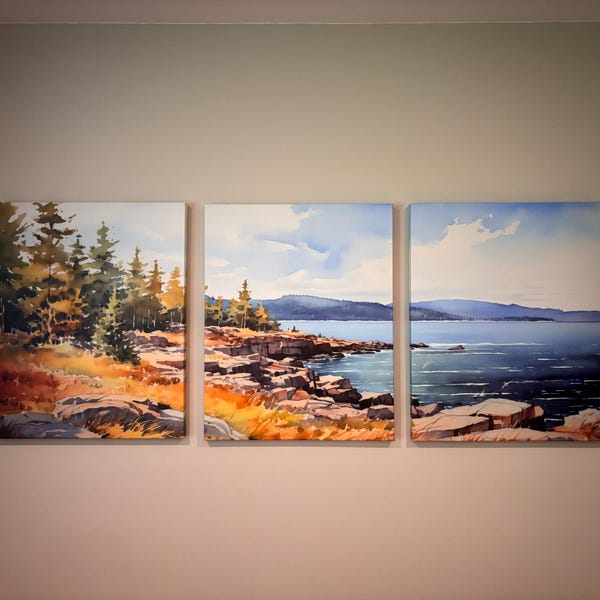Acadia National Park Watercolor Painting Panorama - Maine Coastal ...