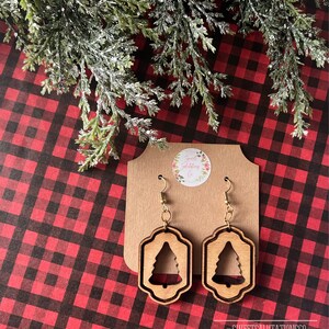 Bordered Tree Christmas Tree Laser Engraved Earrings Digital Download ...