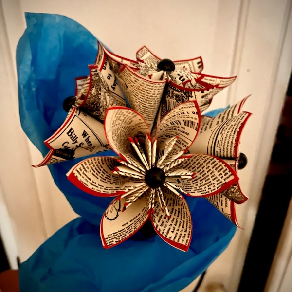 5 Vintage Newspaper Print Paper Flowers- Ready to Ship, Handmade Gift ...