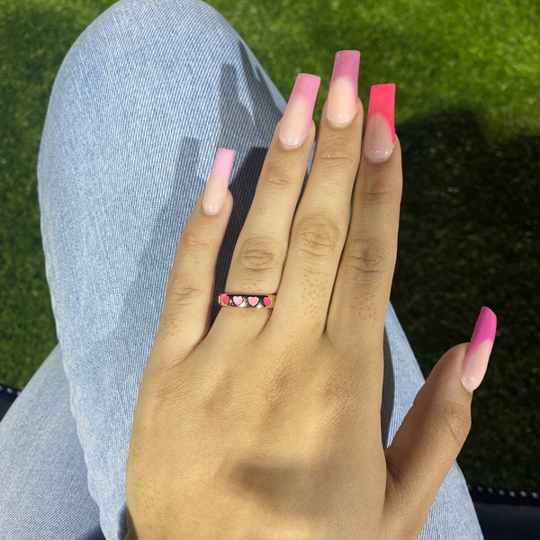 Adjustable 18K Gold Plated Pink Heart Painted Ring, Candy Color Ring ...