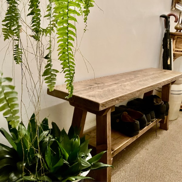 Rustic Reclaimed Wood Narrow Bench With Storage Shelf - the Splay Bench ...