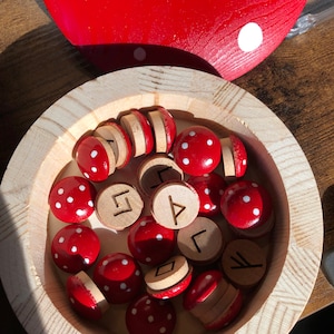 Mushroom Red Wood Rune Set Maple Norse Box Hand Painted - Etsy