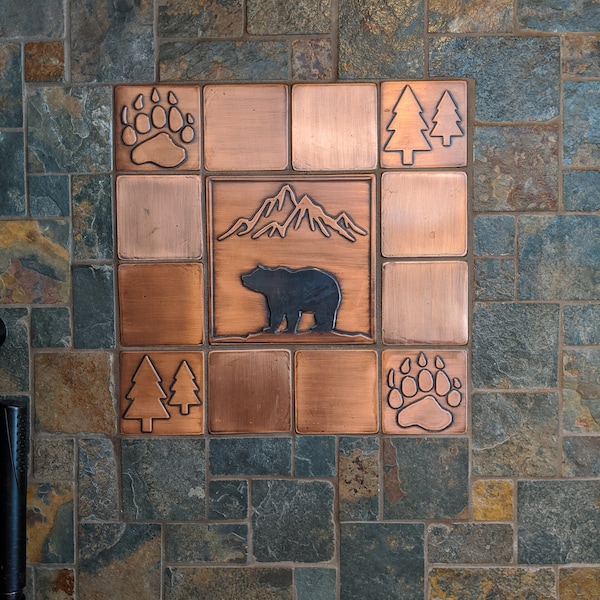 Bear and Mountains - SET of 13 HANDMADE Tiles - Copper, Brass or ...
