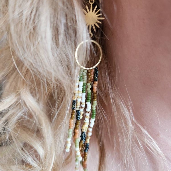 Beaded Hoop Fringe Earrings, Seed Bead Dangle Earrings, Modern Boho ...