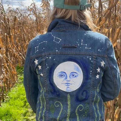 Hand Painted Original Full Moon Face With Ferns and Constellations ...