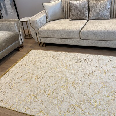 Gold Fur Carpet, Beige With Gold Feather Rug, Leather Sole Rug, Faux ...