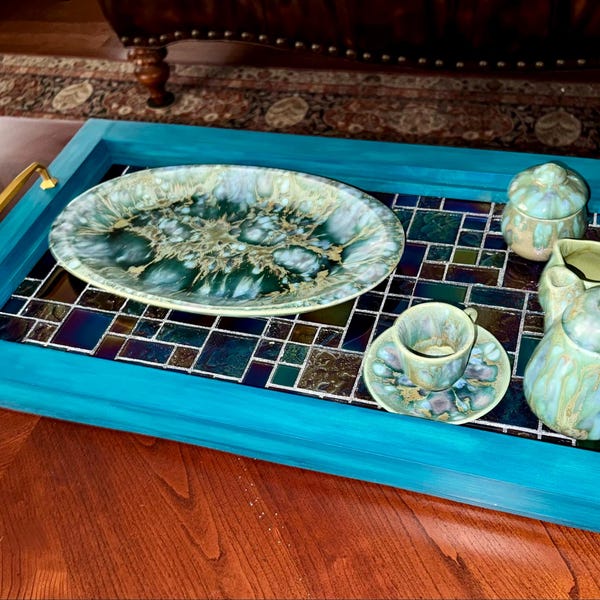 Ottoman Tray. Teal Wood. Iridescent Purple Blue Mosaic Glass Tile. 27 ...