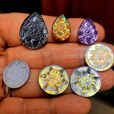 TWO 2 Pressed Glass Snowflake Compass Rose Cabochon Cab Golden Shadow ...