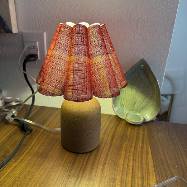 Handmade Red Plaid Fabric Lamp With Brown Ceramic Base for Home Decor ...
