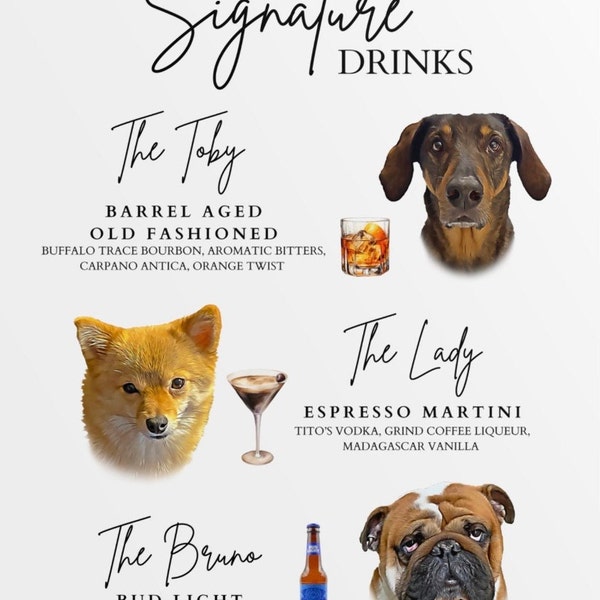 Custom Dog Signature Drinks Menu Card, Unique Pet Wedding Cocktail Sign ...