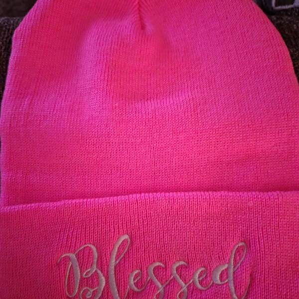 Blessed Script Cuffed Embroidered Beanie Hat, Embroidered Gift, Dad ...