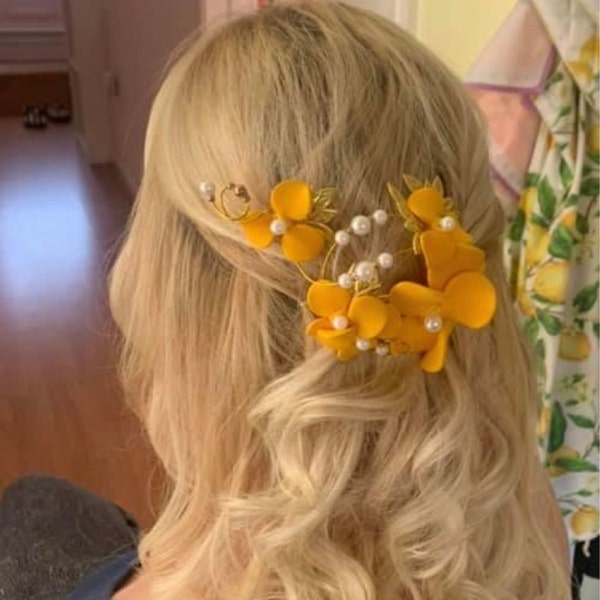 Lemon Yellow Hair Clip With Flowers Decorated With Pearls and Gold ...