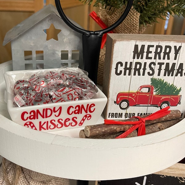 Christmas Tiered Tray, Candy Cane Tiered Tray Decor, Candy Cane Kisses ...