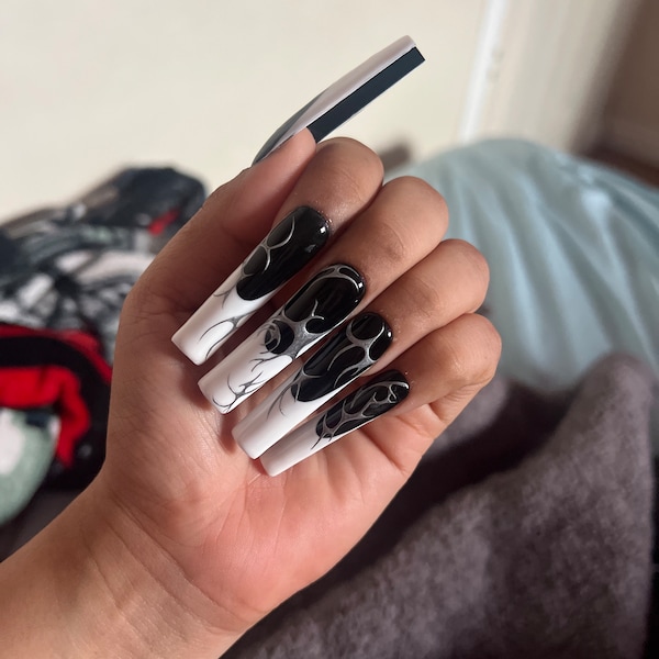 Emo Goth Press on Nails: Black & White French Tip With Silver Chrome - Etsy
