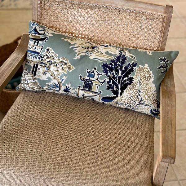 Aqua Blue Chinoiserie Pagoda Decorative Pillow Cover Ming Toile Navy ...