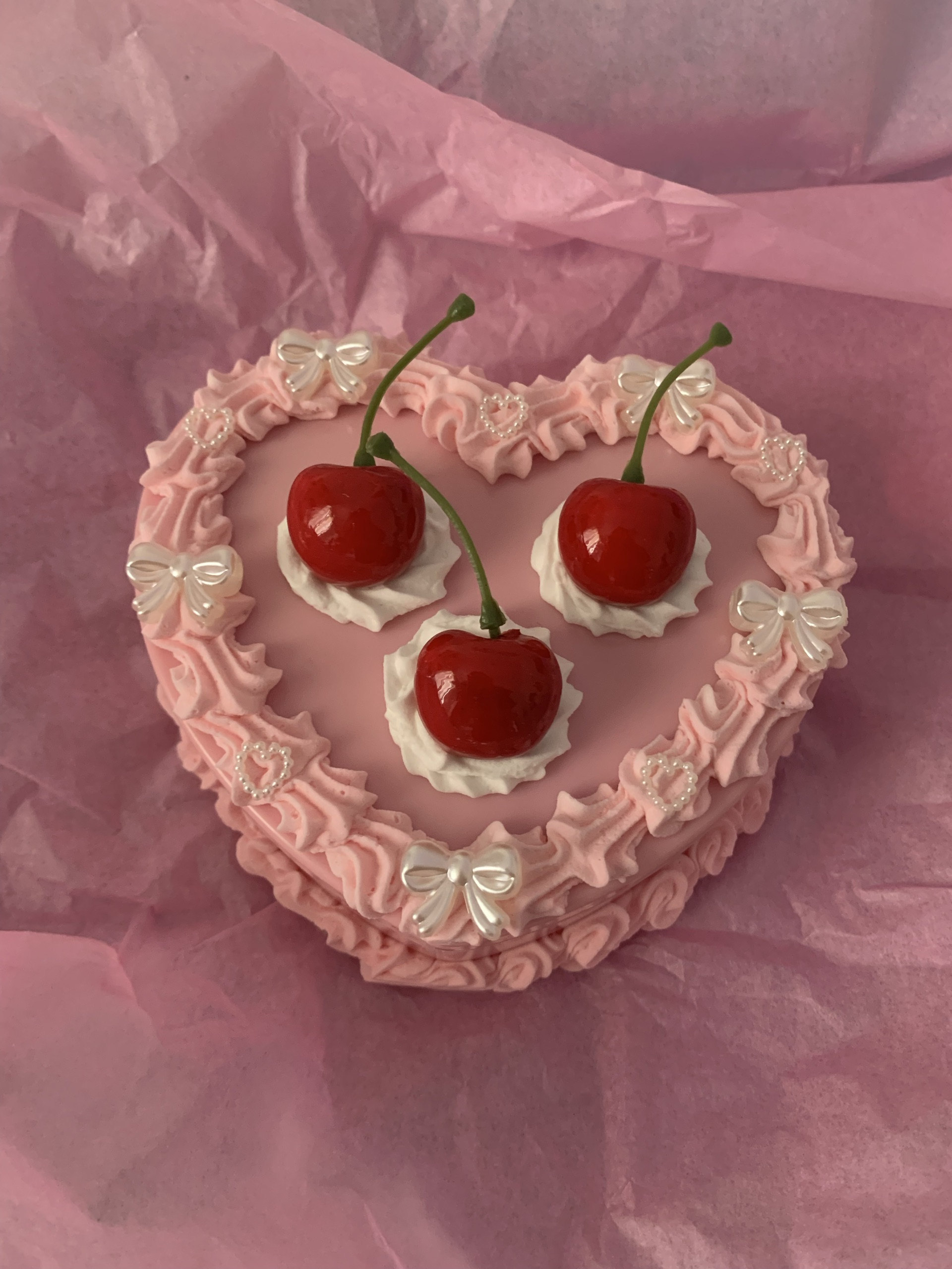 Pink Coquette Cherry Heart Fake Cake Decor Box With Mirror - Vintage ...