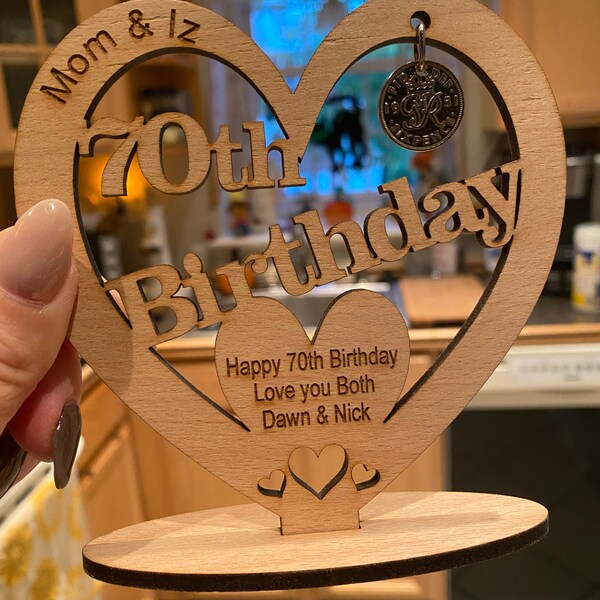 70th Birthday Wooden Heart Gift, Lucky Sixpence, Personalized - Etsy