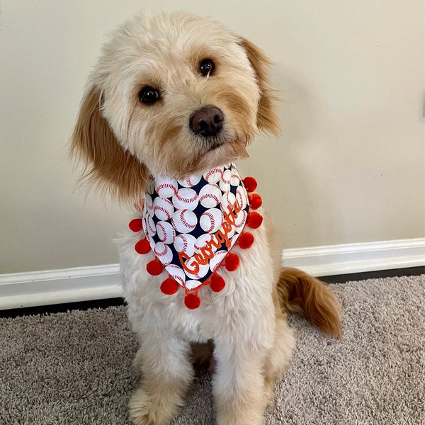 Snap On...baseball Dog Bandana...optional Pom Trim…name Included - Etsy