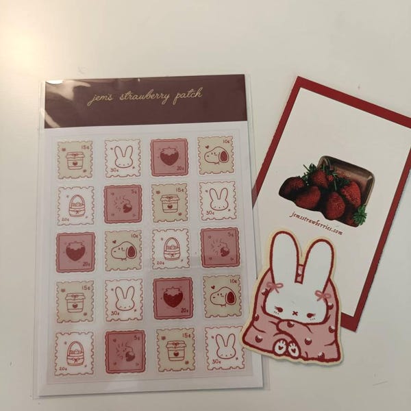 Strawberry Blanket Bunny Vinyl Sticker | Waterproof, Cute Sticker ...
