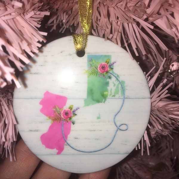Long Distance Ceramic Ornament, Personalized Ornament, State Map Gift ...
