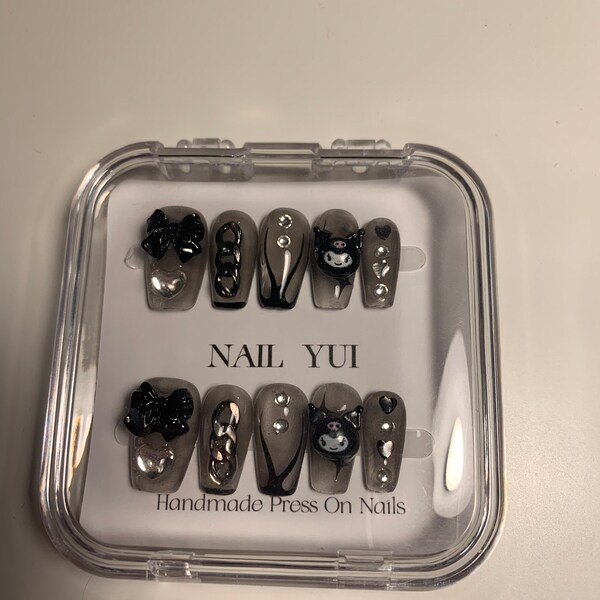 Handmade Anime Kuromii Black Bow Flame Cute Press on Nails Cute Nails ...