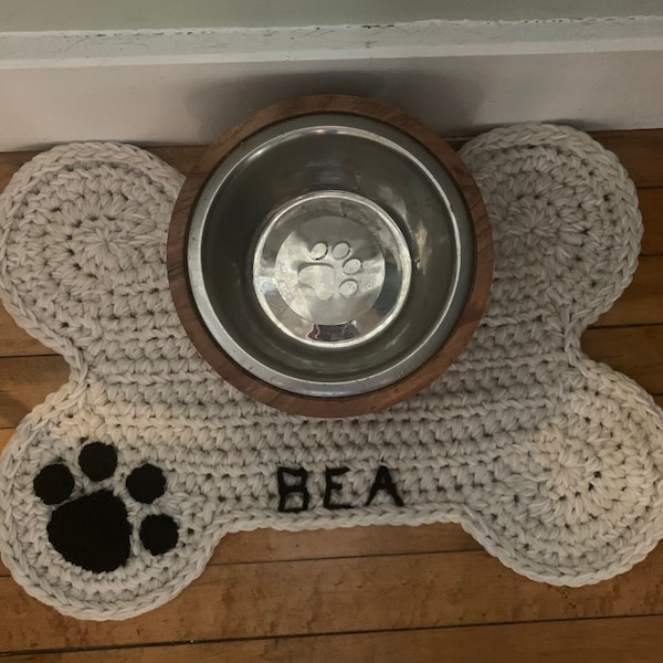 Ivory Beige Dog Mat With Paw Print, Personalized Dog Bone Food Water ...