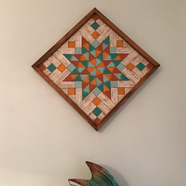 Colorful Wooden Quilt Block. Bursting Star Pattern in Yellow, Green ...