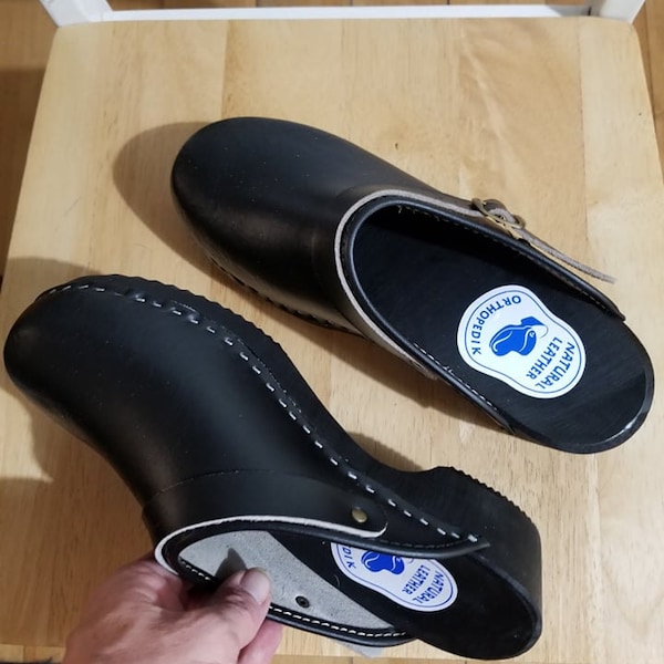 Men's Black Wooden Clogs Handmade Natural Leather Footwear Comfortable ...