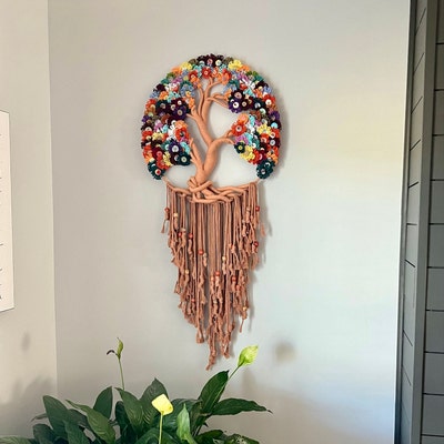 Large Tree of Life Macrame Wall Hanging With Flowers, Boho Wall Art ...