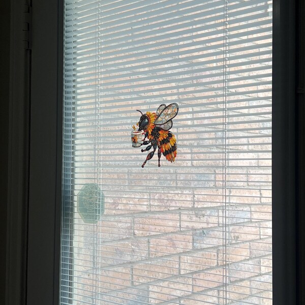Bee Drinking Coffee Stained Glass Window Cling Sticker Decal Vinyl ...