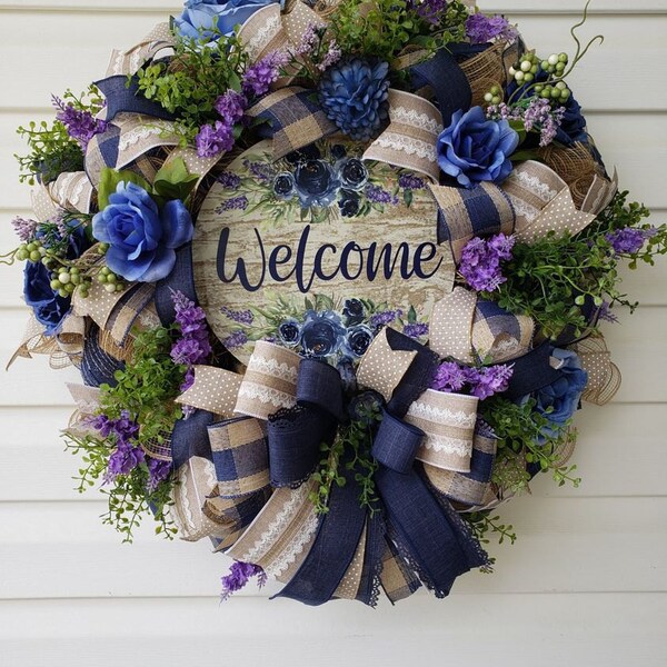 Welcome Wreath Sign, Navy Blue Roses Wreath Sign, Metal Wreath Sign ...