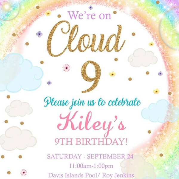 RAINBOW CLOUD 9 INVITATION Editable Rainbow Clouds 9th Birthday ...