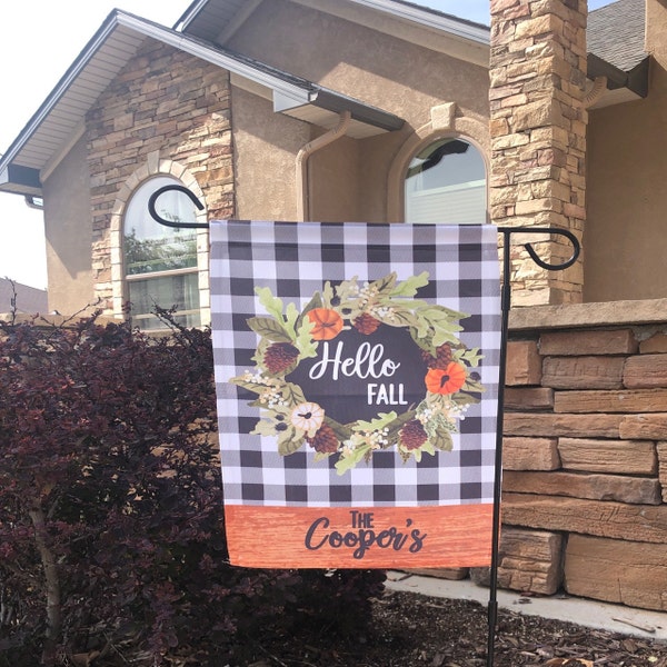 Garden Flag for Fall Personalized Garden Flag Hello Fall Buffalo Check ...